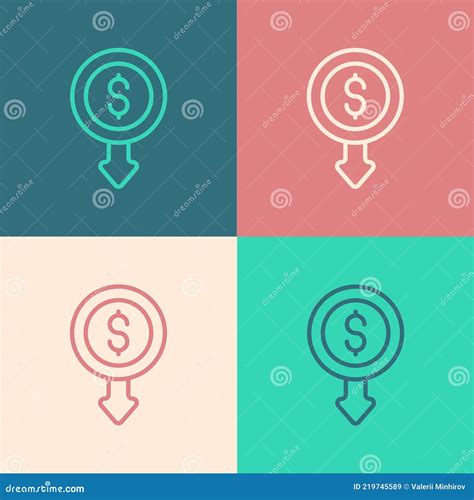Pop Art Line Dollar Rate Decrease Icon Isolated On Color Background Cost Reduction Stock Vector