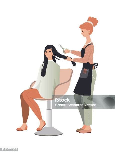 미용사 캐릭터 여자 손 은 흰색 평면 벡터 일러스트에 고립 된 가위 고객 여성 앉아 의자를 개최합니다 전문 패션 스타일리스트 작품 고객에 대한 스톡 벡터 아트 및 기타