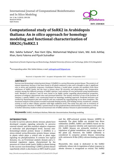 Pdf Computational Study Of Snrk2 In Arabidopsis Thaliana An In