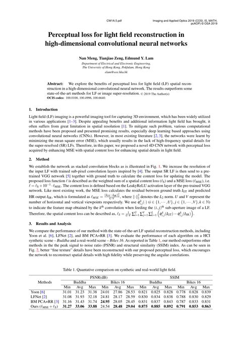Pdf Perceptual Loss For Light Field Reconstruction In High Dimensional Convolutional Neural