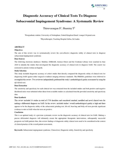 Diagnostic Accuracy Of Clinical Tests To Diagnose Subacromial Impingement Syndrome A Systemic