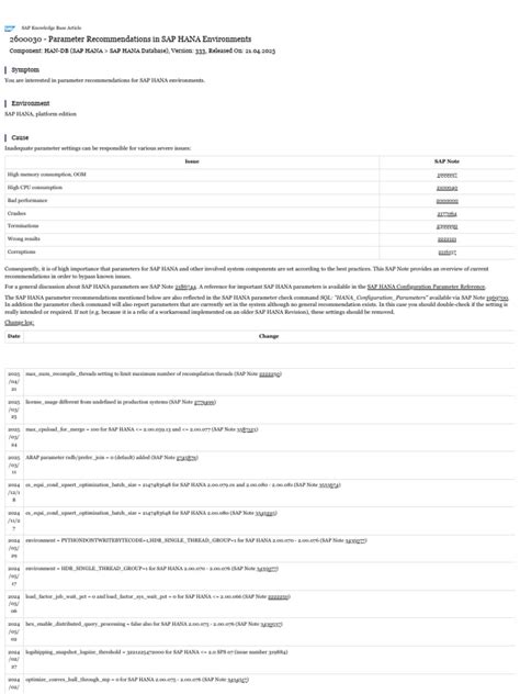 Parameter Recommendations In Sap Hana Environments V333 Pdf Thread Computing Computer