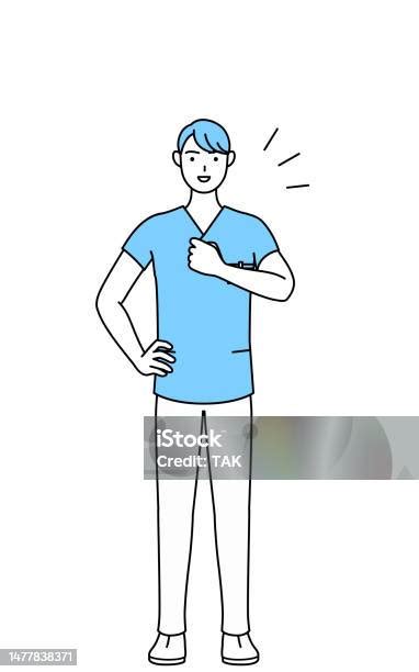 남자 간호사 물리 치료사 작업 치료사 언어 치료사 제복을 입은 간호 조수가 가슴을 두드리고 있습니다 가슴 두드리기에 대한 스톡