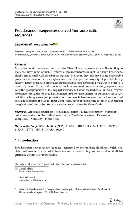 Pseudorandom Sequences Derived From Automatic Sequences Request Pdf