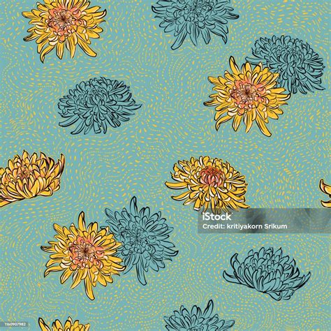 화려한 여름 국화 여름 동양 꽃 수 작업 그린 브러쉬 라인 원활한 패턴 벡터 디자인 패션 직물 및 모든 인쇄 국화에 대한 스톡 벡터 아트 및 기타 이미지 Istock