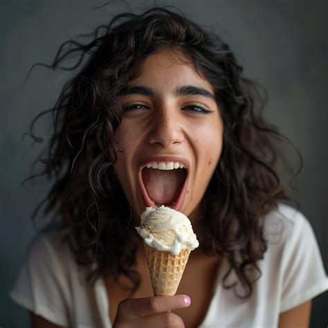 Premium Photo A Woman With Her Mouth Open Is Eating An Ice Cream Cone