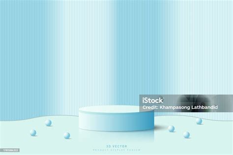 파란색 3d 실린더 연단 받침대는 물결 모양의 벽 배경과 구체 공으로 사실적입니다 쇼케이스를 위한 무대 3d 벡터 기하학적