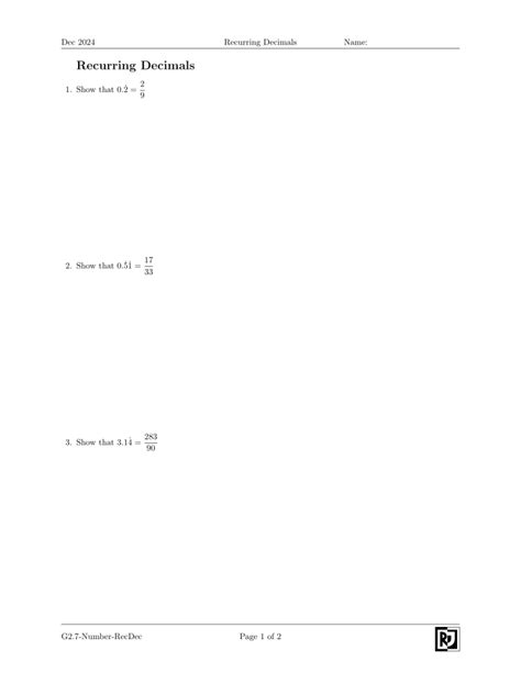 Recurring Decimals Worksheet Convert To Fractions