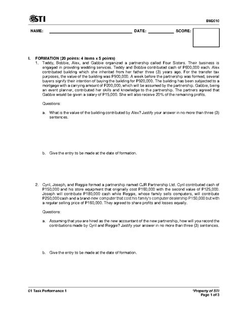 01 Task Performance 1 None Bm 01 Task Performance 1 Property Of Sti Page 1 Of 3 Name Date