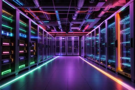데이터 센터 서버 ⁇ 네트워크 통신 다채로운 네온 서버 랙과 통신 장비 최첨단 기술 배경에서 광섬유 프리미엄 사진