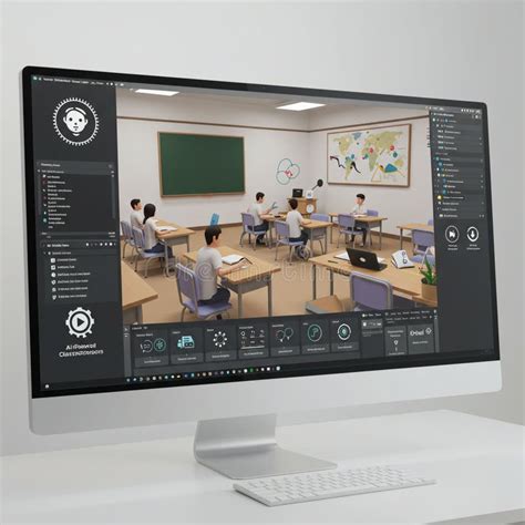 A Computer Monitor Displays A 3d Rendered Scene Of A Classroom The