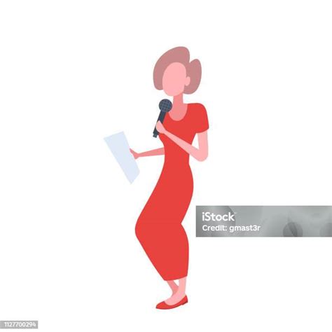 사업가 마이크와 종이 문서 여성 스피커 사업 보고서 회의 회의 아나운서 개념 캐릭터 전체 길이 플랫 절연 읽기를 들고 개념에 대한 스톡 벡터 아트 및 기타 이미지 Istock