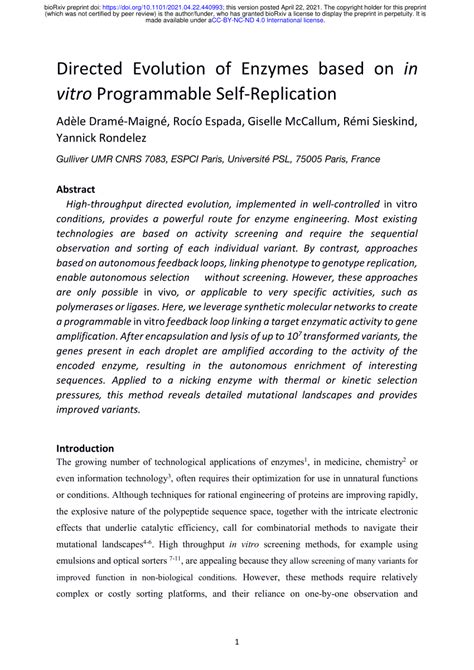 pdf directed evolution of enzymes based on in vitro programmable self replication