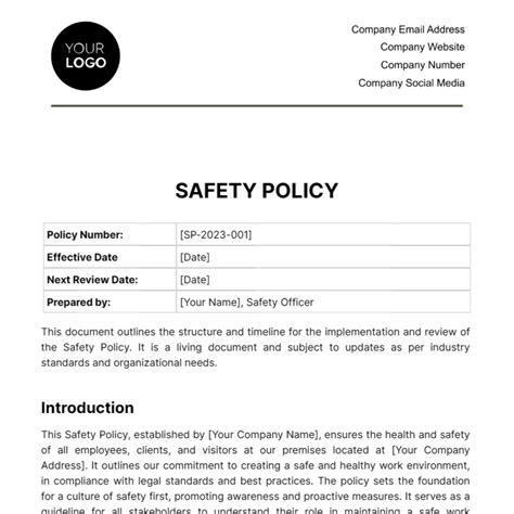 Free Safety Policy Template To Edit Online