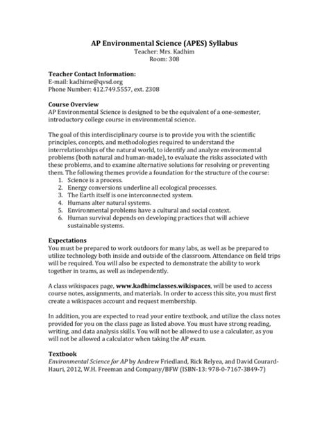 AP Environmental Science Syllabus Course Overview Topics