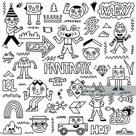 추상 판타지 엉뚱한 재미 있는 낙서 만화 캐릭터 설정 1 블랙 및 화이트 0명에 대한 스톡 벡터 아트 및 기타 이미지 0명 개념 개념과 주제 Istock