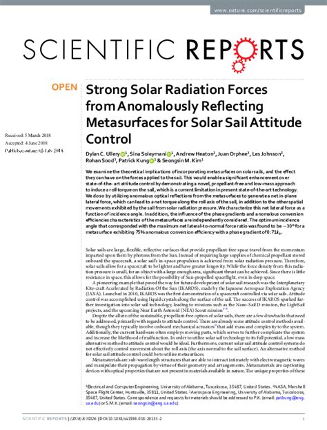 Pdf Strong Solar Radiation Forces From Anomalously Reflecting Metasurfaces For Solar Sail