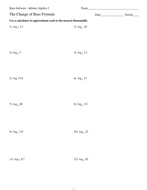 Change Of Base Formula Worksheet Algebra