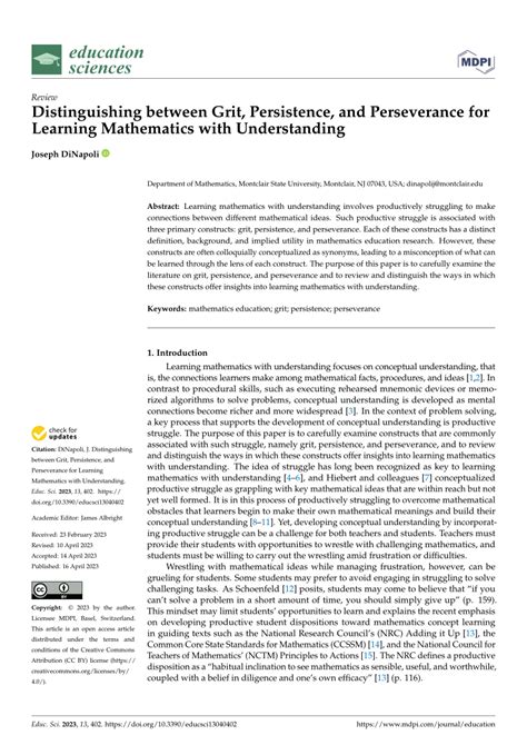 Pdf Distinguishing Between Grit Persistence And Perseverance For Learning Mathematics With