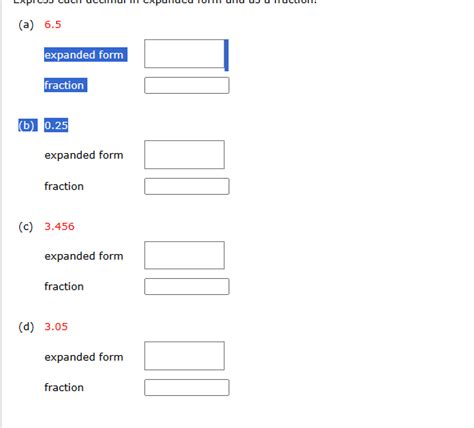 Solved A 65 Expanded Form Fraction B 025 Expanded Form