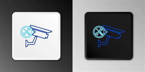 스크루 드라이버와 렌치 아이콘이 회색 배경에 격리 된 라인 보안 카메라 조정 서비스 설정 유지 보수 수리 고정 다채로운 윤곽선 개념 벡터 감시에 대한 스톡 벡터 아트 및