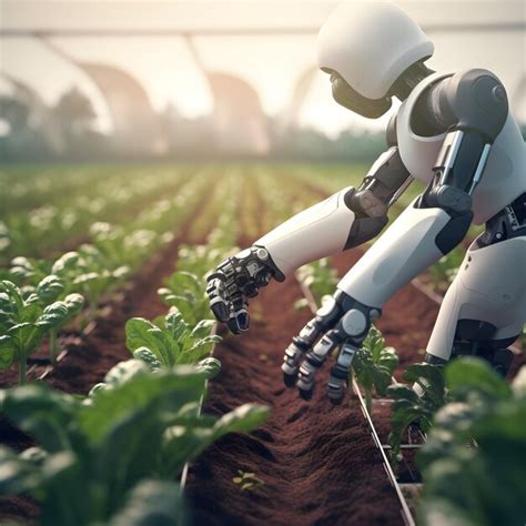 Premium Photo A Robot In A Field With A Field Of Crops In The Background