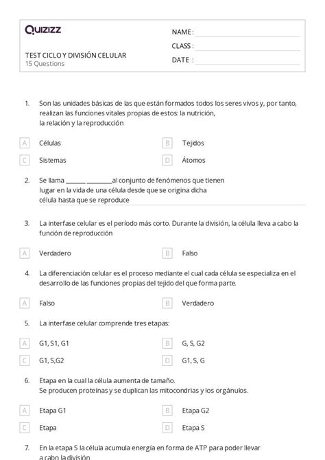 50 División Celular Hojas De Trabajo Para Grado 10 En Quizizz Gratis