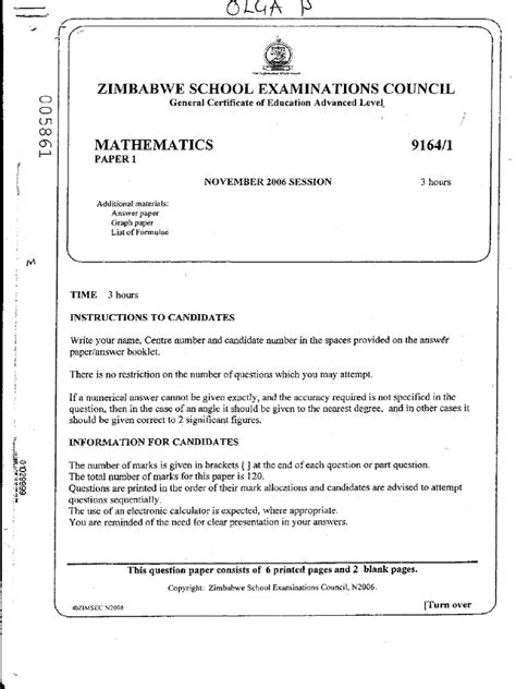 Nov 2006 Maths Pp1 Zimsec Pdf