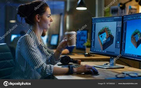 Female Game Developer Works On A Level Design On Her Personal Co Stock Photo Gorodenkoff