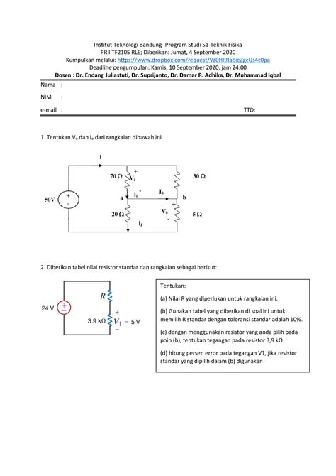 Soal PR 1 040920 About Electronics Schematics Institut Teknologi Bandung Program Studi