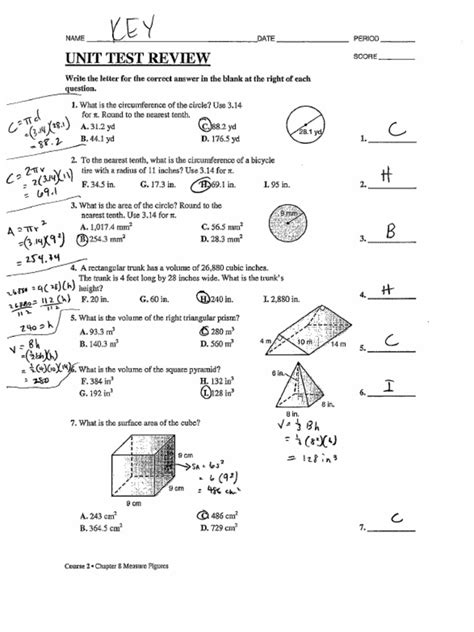 Ch 8 Unit Test Review Sheet Key Pdf