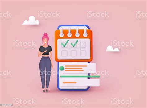 여자는 일을 계획하고 체크리스트를 작성하고 달력을 사용하여 일정을 잡는다 비즈니스 및 조직 개념입니다 3d 웹 벡터