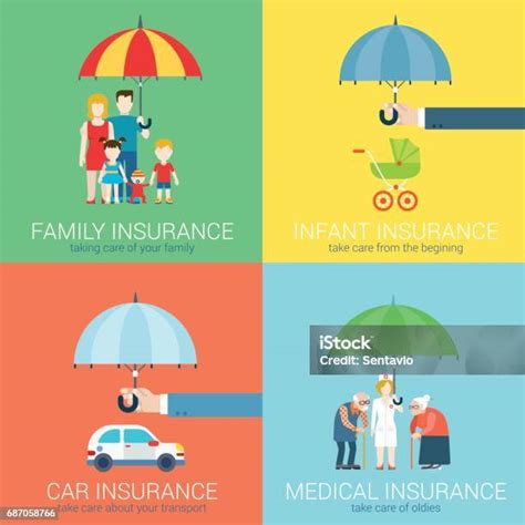 4에서1 보험 비즈니스 개념 벡터 일러스트 아이콘의 현대 평면 집합입니다 가족 생활 아기 유아 어린이 자동차 차량 운송 건강