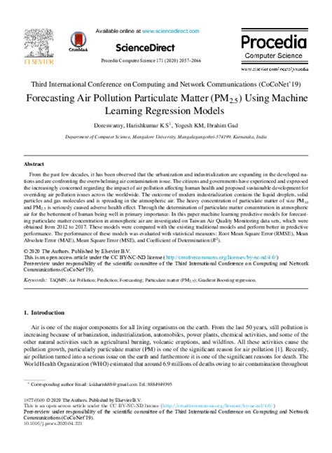 Pdf Forecasting Air Pollution Particulate Matter Pm 2 5 Using Machine Learning Regression