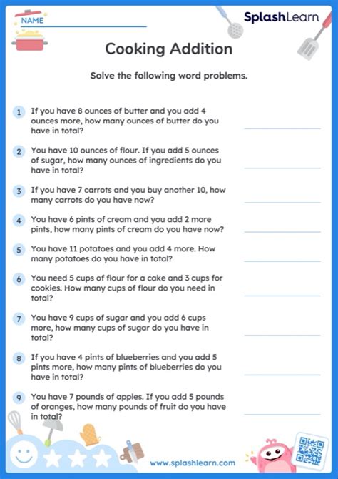 Add Within 20 Cooking Word Problems — Printable Math Worksheet