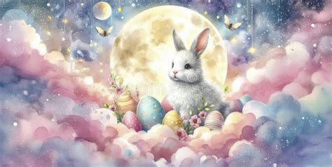 Small Easter Bunny On A Pink Cloud Under A Huge Moon Stock Illustration