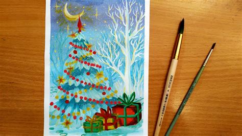 ЁЛКА Как нарисовать Новогоднюю ёлку гуашью для начинающих Tree Winter Зима Рисуем вместе Youtube