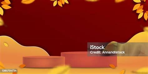 붉은 벽에 단풍 나무 잎스튜디오 룸에서 연단 디스플레이 실린더 스탠드와 가을 배경 벡터 3d 쇼케이스 에 프레임 제품 프리젠 테이션 에 가을 시즌 판매 가을에 대한 스톡