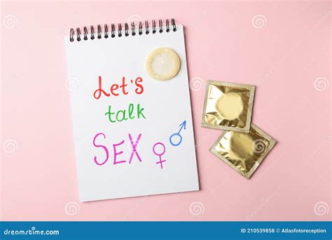 Notebook With Let S Talk Sex And Condoms On Pink Background Stock Photo Image Of Condoms