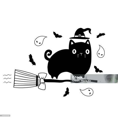 흰색 배경에 빗자루에 비행 할로윈 장식 일러스트 고양이 검은 마녀 고양이의 손 낙서 벡터에 의해 그려진 포스트 카드 할로윈 장식 10월에 대한 스톡 벡터 아트 및 기타