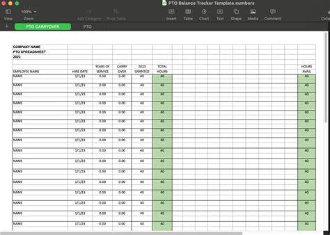 Pto Tracker By Employee For Payroll Hours Multiple Template