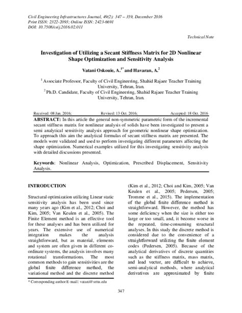 Pdf Investigation Of Utilizing A Secant Stiffness Matrix For 2d Nonlinear Shape Optimization