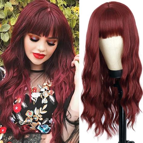 Merisihair Long Dark Red Wigs For Women Synthetic Long Red Wig With Bangs Narutal