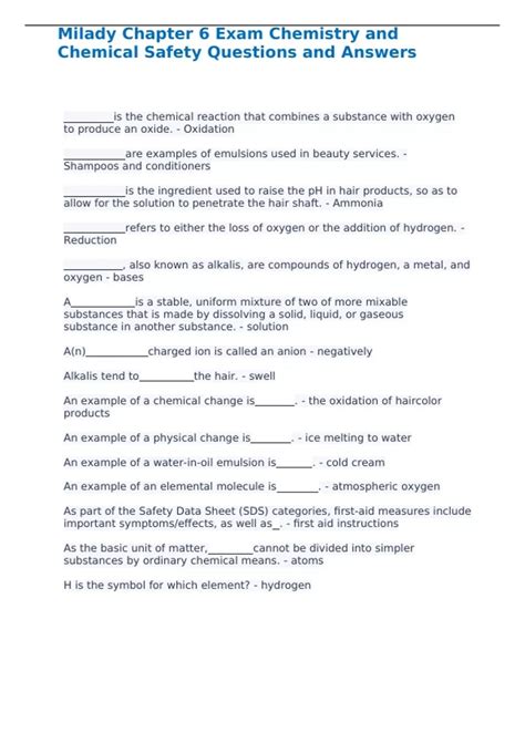 Milady Chapter 6 Exam Chemistry And Chemical Safety Questions And Answers Chemistry And