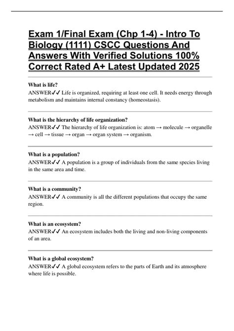 Exam 1final Exam Chp 1 4 Intro To Biology 1111 Cscc Questions And Answers With Verified