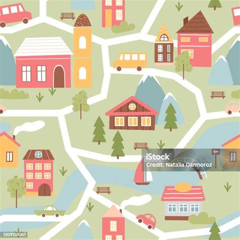 귀여운 마을 이나 마을 집 유치 한 매끄러운 패턴 강과 다리와 마을 풍경 공동체에 대한 스톡 벡터 아트 및 기타 이미지
