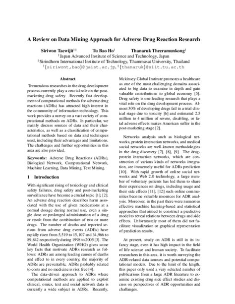 pdf a review on data mining approach for adverse drug reaction research