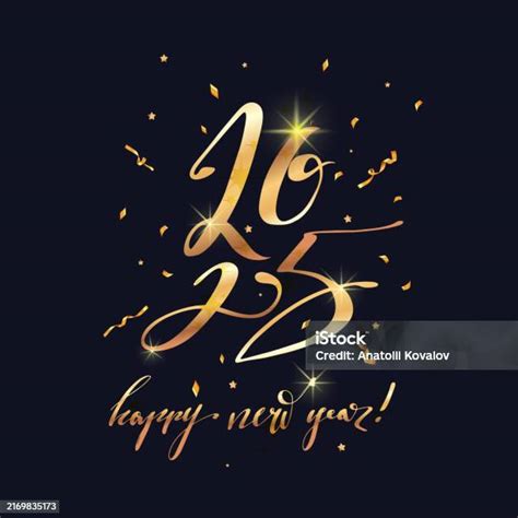 새해 복 많이 받으세요 2025 황금 글자 로고 또는 템플릿 인사말 카드 또는 포스터에 대 한 헤더 손으로 쓴 금색 숫자 2025와 반짝이는 별 색종이 조각이 있는 서예