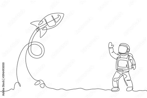 One Continuous Line Drawing Of Spaceman Astronaut Science At Moon Land Waving Hand To Take Off
