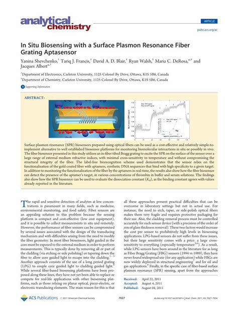 Pdf In Situ Biosensing With A Surface Plasmon Resonance Fiber Grating Aptasensor Dokumentips